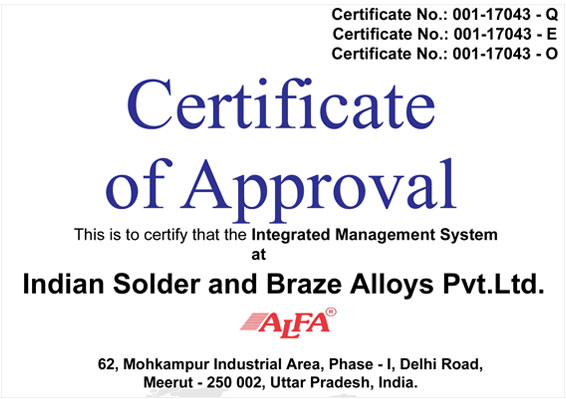 Certificates | Indian Solder & Braze Alloys : ALFA