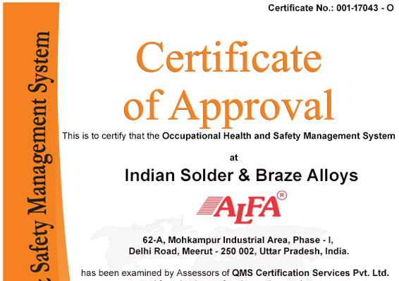 Certificates | Indian Solder & Braze Alloys : ALFA